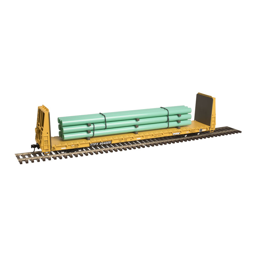 Atlas O Trainman 3 Rail 62' Bulkhead Flatcar Trailer Train w/ Pipe Load ...
